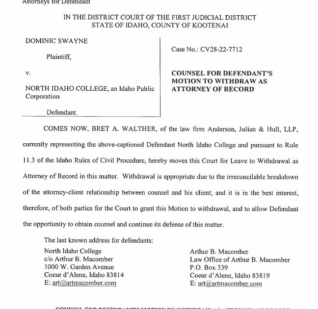 NIC attorney withdraws from Swayne lawsuit | Coeur d'Alene Press